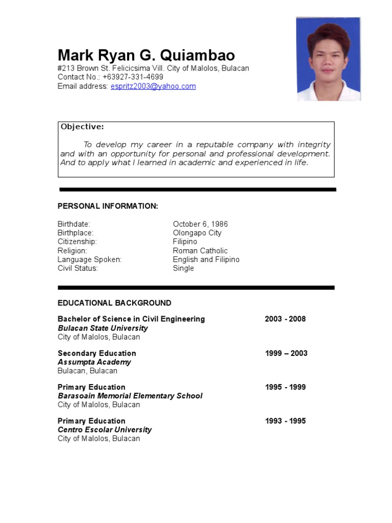 Student Resume Sample Filipino