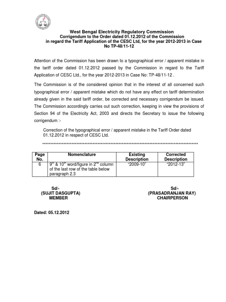CESC - Tariff Order 12-13 | PDF | Tax Refund | Kilowatt Hour