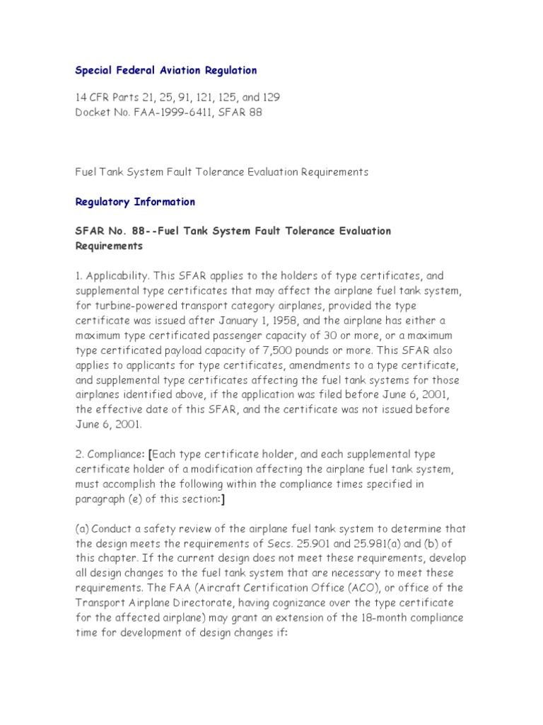 SFAR 88 Fuel Tank Safety Regulations | PDF | Airplane | Federal ...