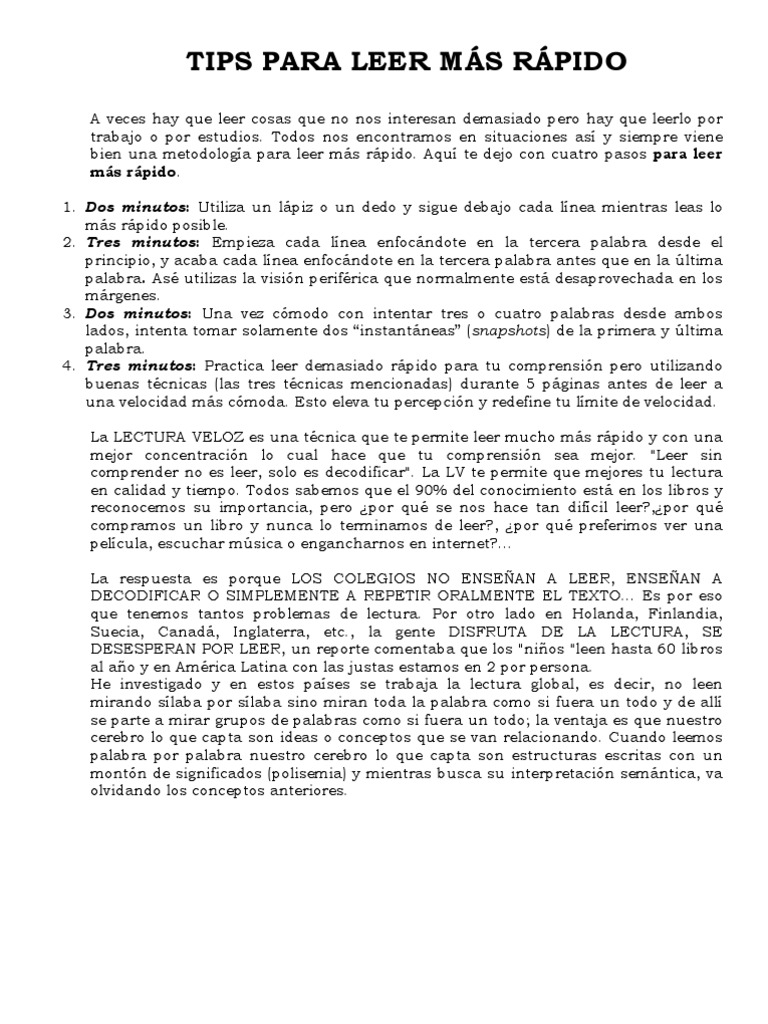 Técnicas para Mejorar la Lectura Rápida | PDF | Lectura veloz | Lectura ...