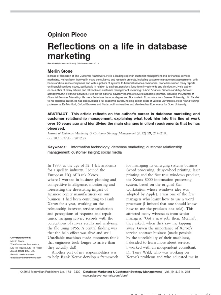 Re Ections On A Life in Database Marketing | PDF