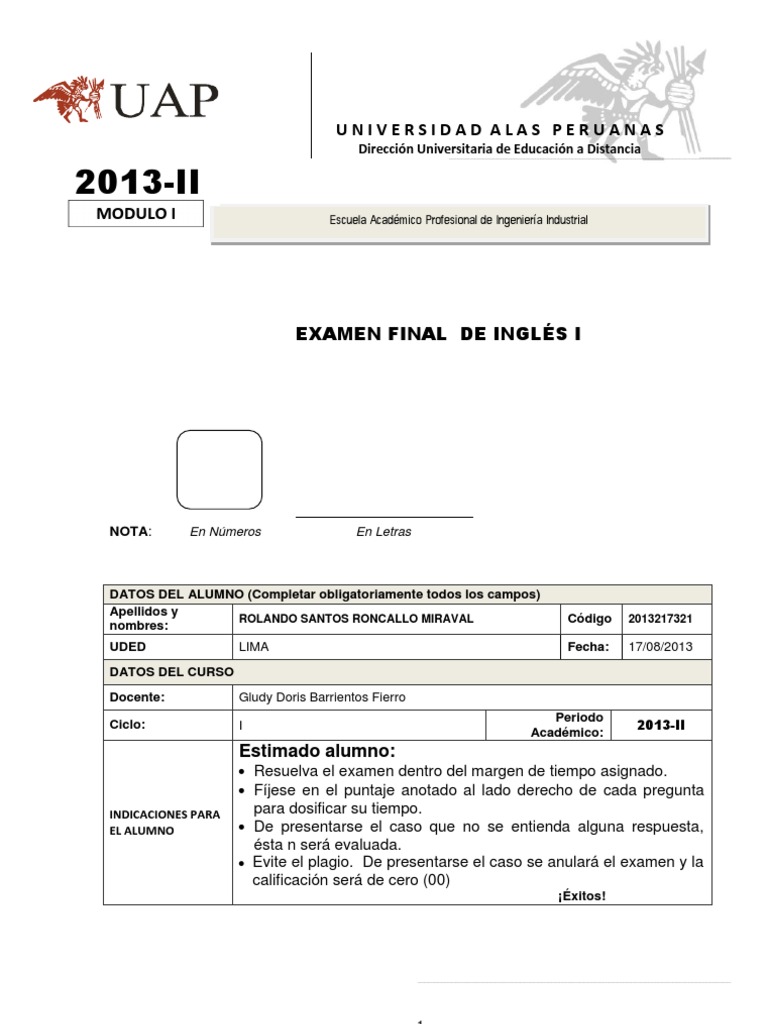 Examen Final Inglés I | PDF | Lingüística | Gramática