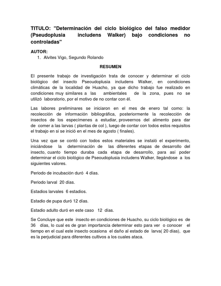 Determinación Del Ciclo Biológico Del Falso Medidor (Pseudoplusia ...