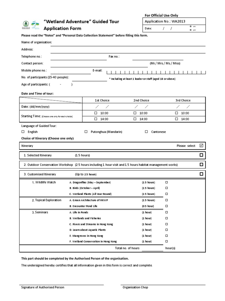 "Wetland Adventure" Guided Tour Application Form | PDF | Conservation ...