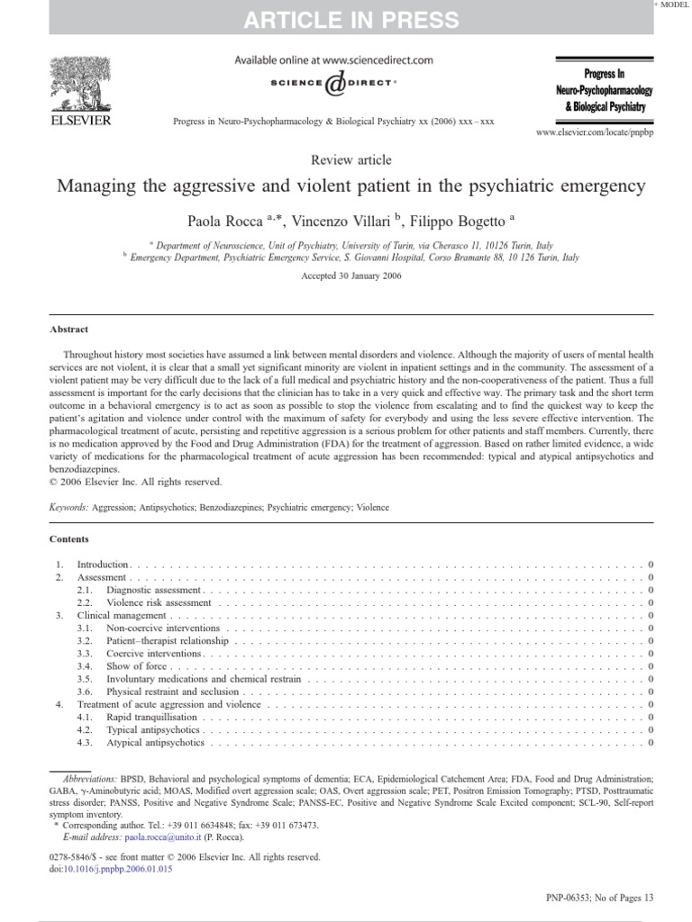 Managing the Aggressive and Violent Patient in the Psychiatric ...