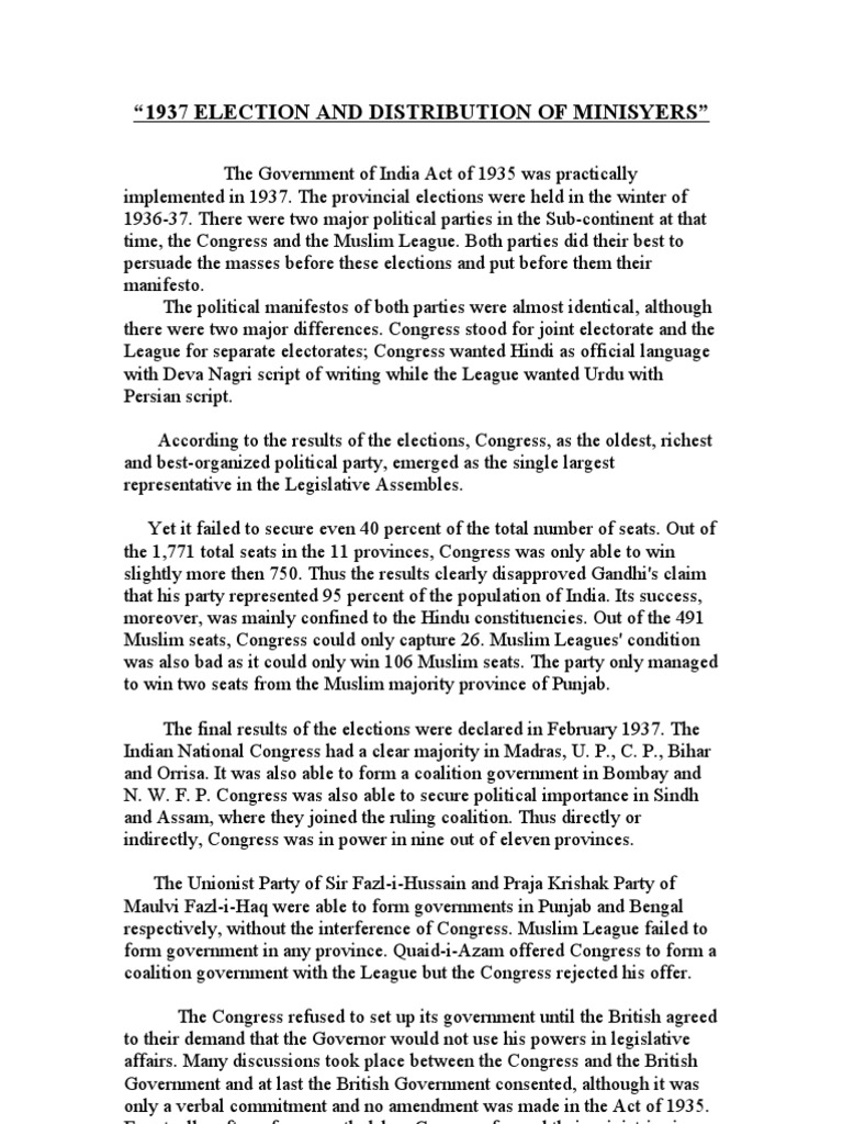 1937 Election and Distribution of Minisyers | PDF | Indian National ...