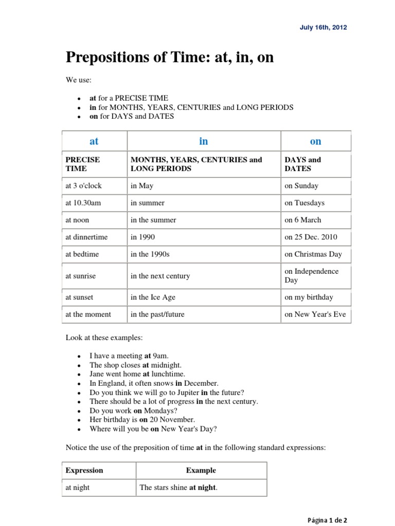 Prepositions of Time: At, In, On | PDF