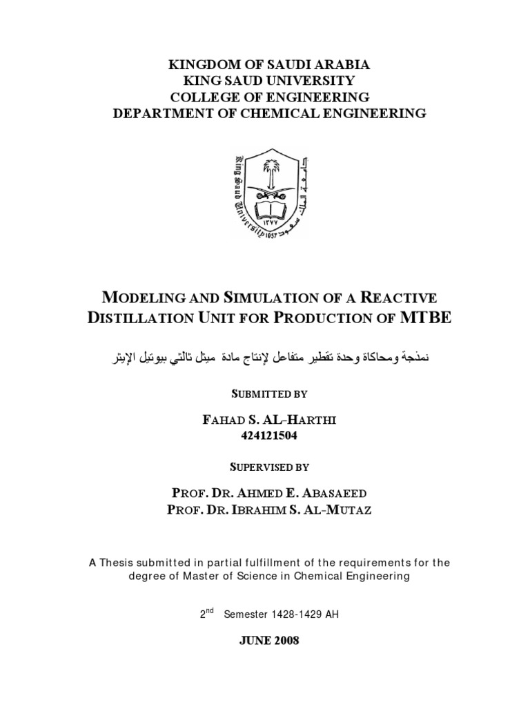 Modeling And Simulation Of A Reactive Distillation Unit For Production