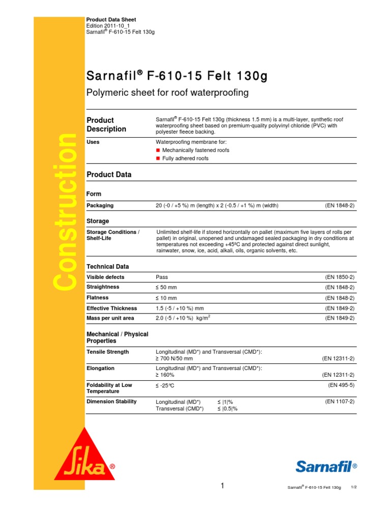 Sarnafil F-610-15 Felt 130g 2011-10 - 1 | PDF | Chemistry | Industries