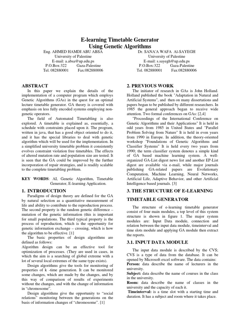 E-Learning Timetable Generator Using Genetic Algorithms | PDF | Genetic Algorithm | Algorithms
