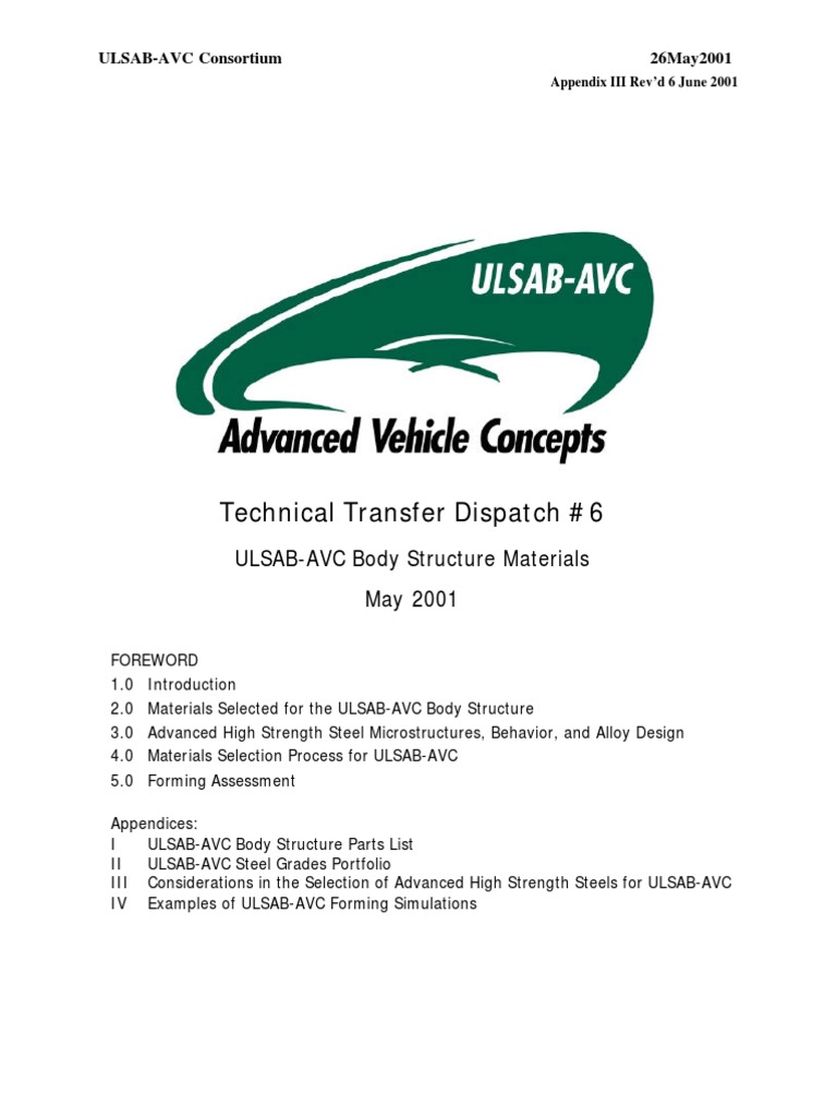 Technical Transfer Dispatch #6: ULSAB-AVC Body Structure Materials May ...