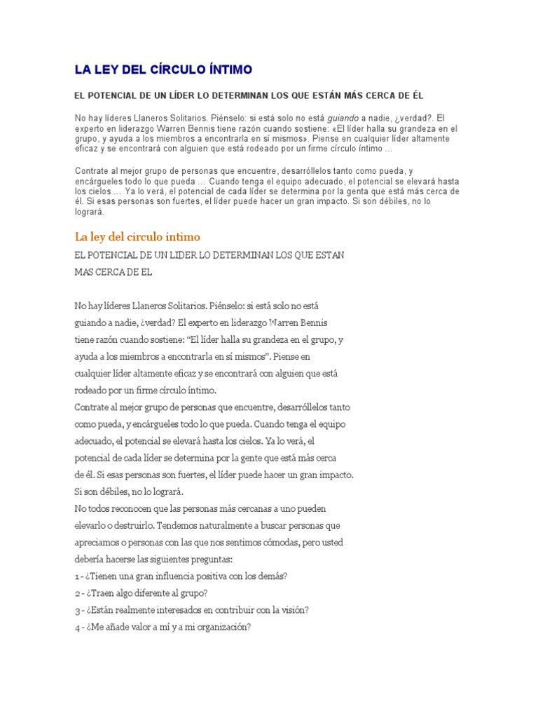 La Ley Del Círculo Intimo | PDF | Liderazgo | Cognición