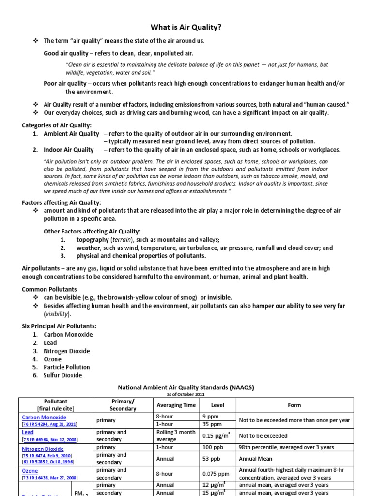 Hand Out - Air Quality Standard | PDF | Air Pollution | Atmosphere Of Earth