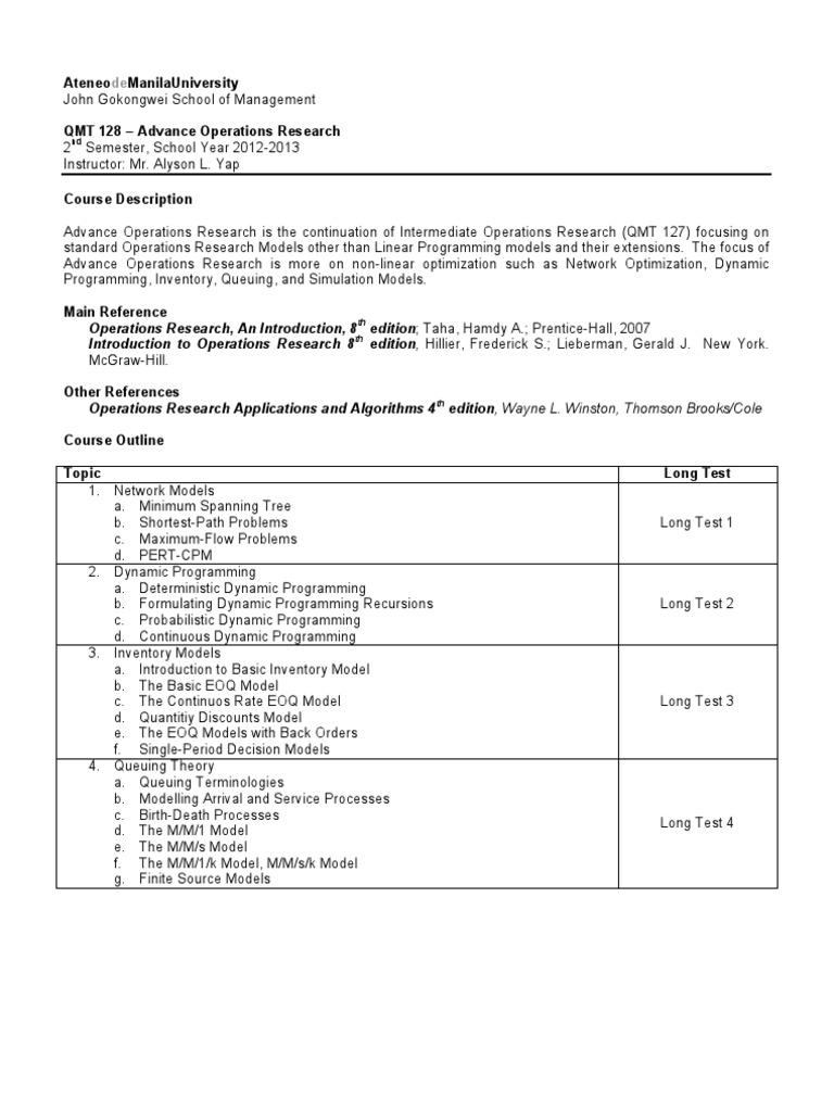 QMT 128 Syllabus | PDF | Dynamic Programming | Operations Research