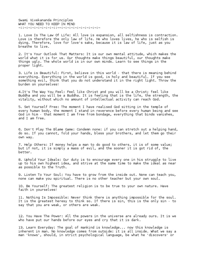 Swami Vivekananda Principles | PDF | Thought | Love