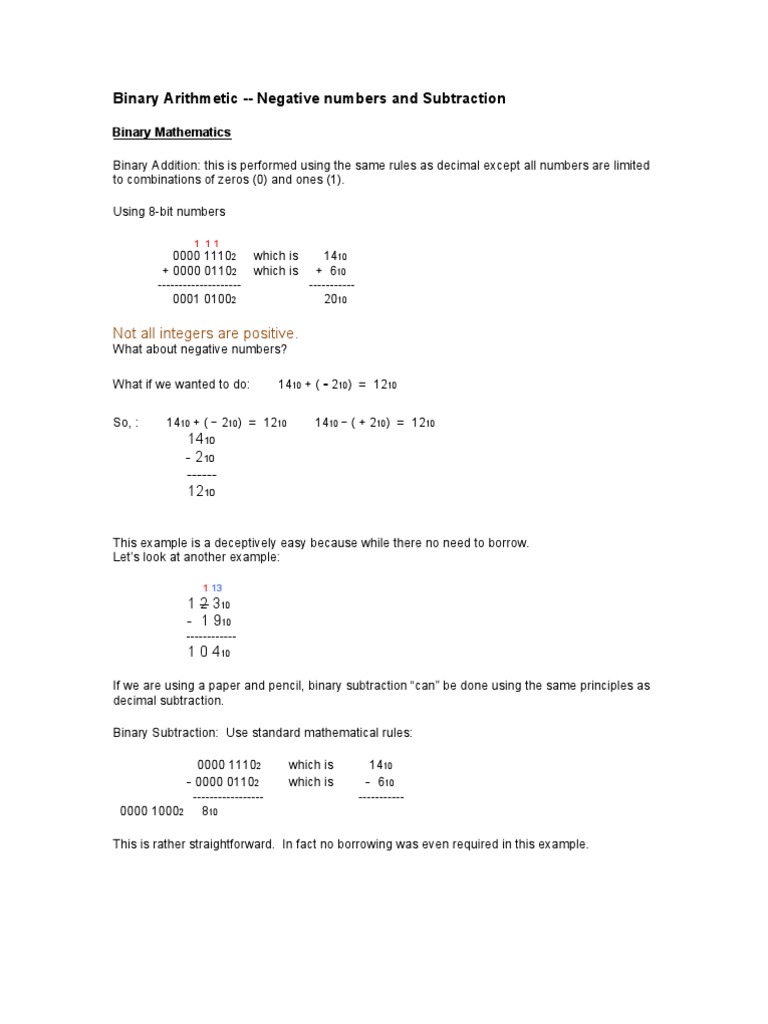 Binary Arithmetic - Negative Numbers and Subtraction: Not All Integers Are Positive | PDF ...