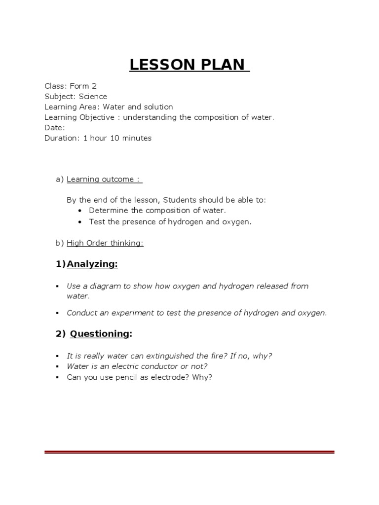 Electrolysis of Water Lesson Plan | PDF | Electrolyte | Ion