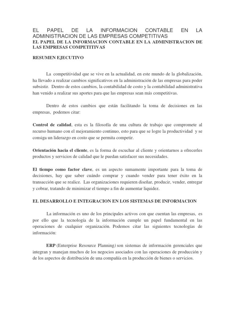 El Papel de La Informacion Contable en La Administracion de Las Empresas Competitivas | PDF ...