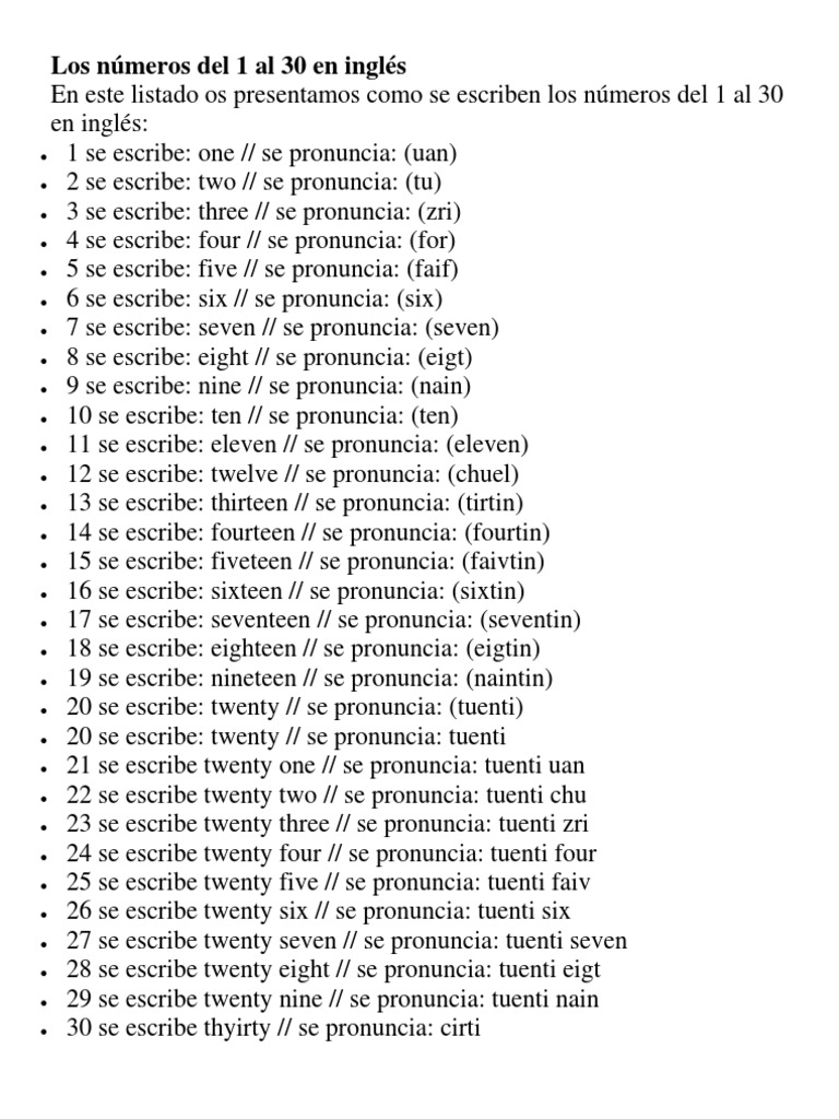 Los Números Del 1 Al 30 en Inglés | PDF