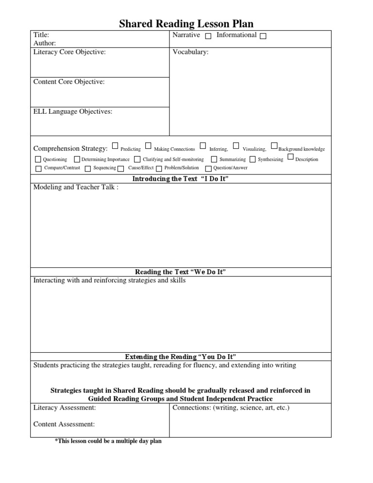 Shared Reading Lesson Plan: Introducing The Text "I Do It" | PDF