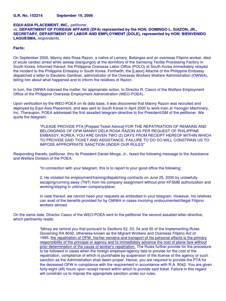 Equi-Asia Placement Vs DFA | PDF | Due Process Clause | Employment