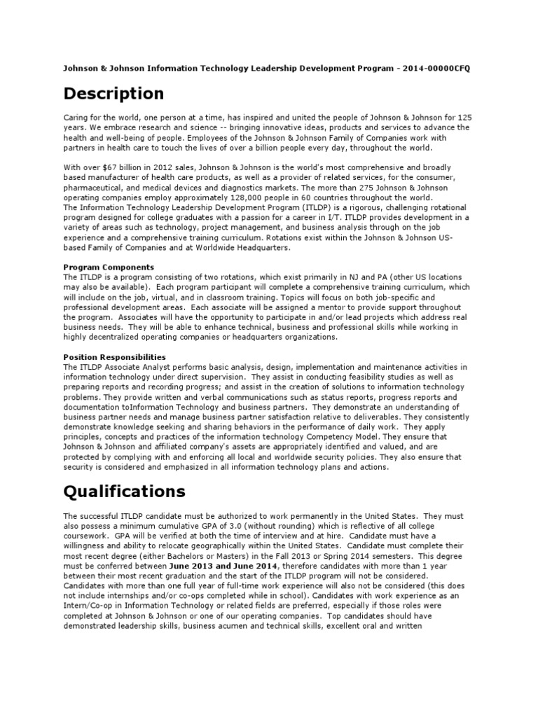 J&J Information Technology Leadership Program | PDF | Johnson & Johnson ...