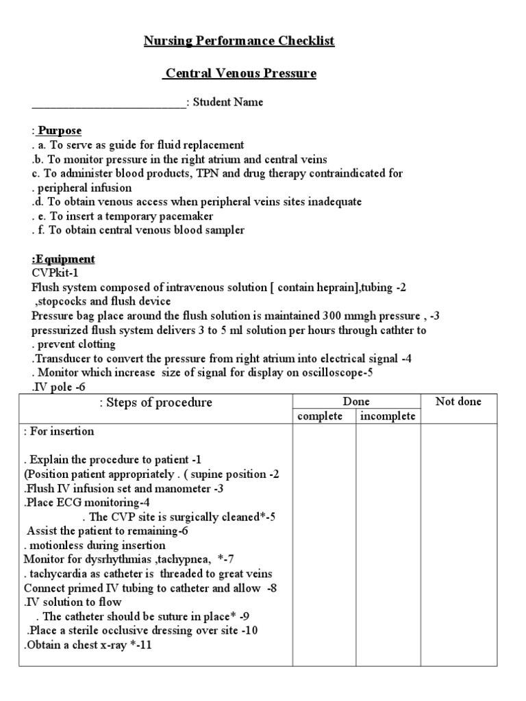 CVP - Nursing Performance Checklist.doc | Intravenous Therapy | Medicine