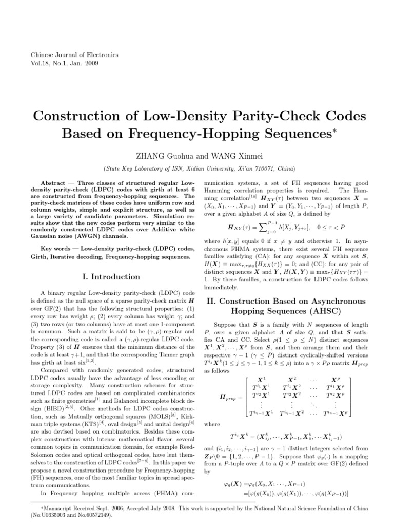 Construction of Low-Density Parity-Check Codes Based On Frequency-Hopping Sequences | PDF | Low ...