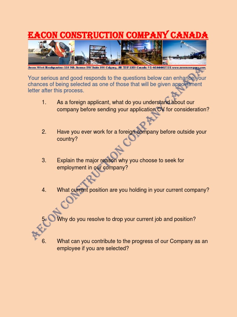 Aecon Canada Job Application Questionnaire | PDF | Employment | Business