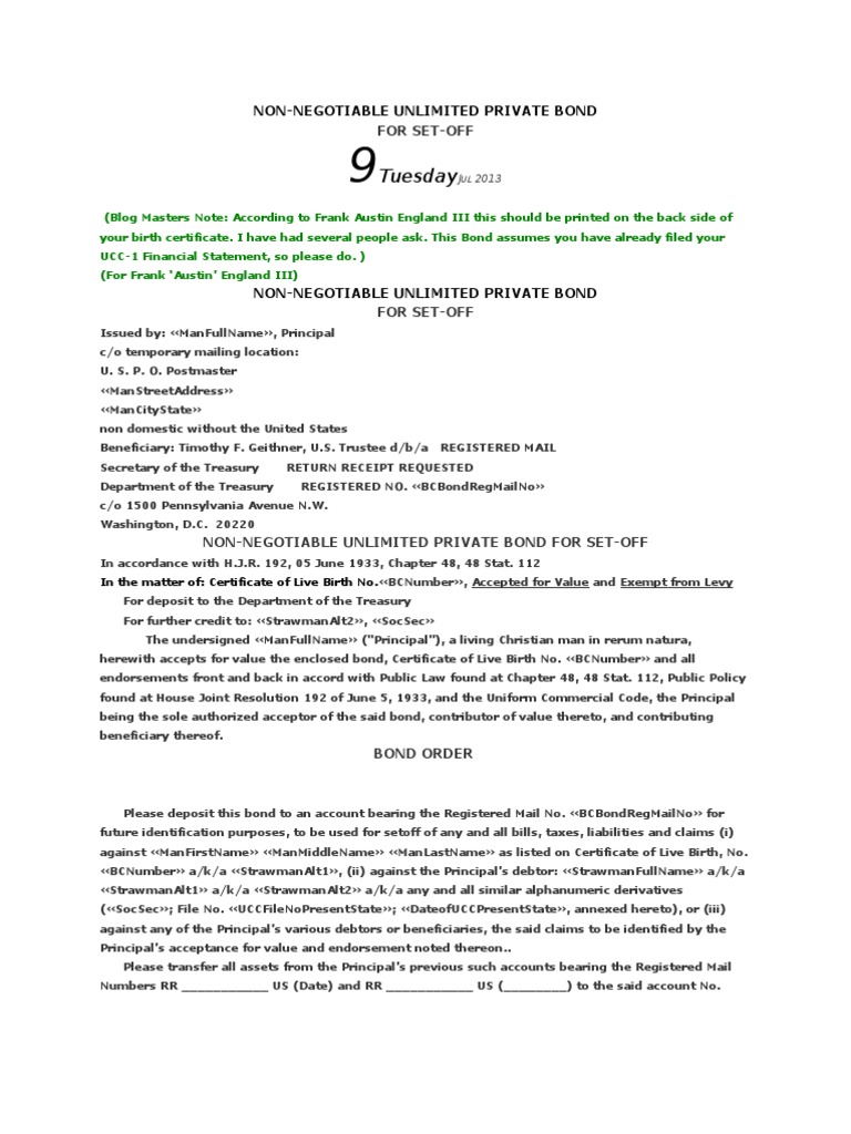 NON Negotiable Unlimited Private Bond | PDF | Bonds (Finance) | Government