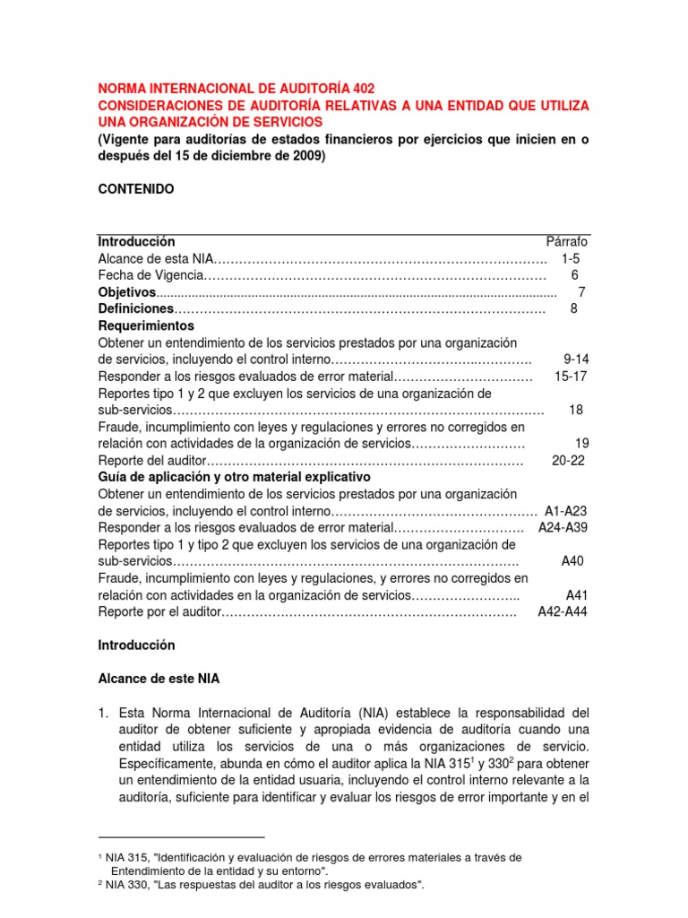 NIA 402 Consideraciones de Auditoría Relativas A Una Entidad | PDF ...