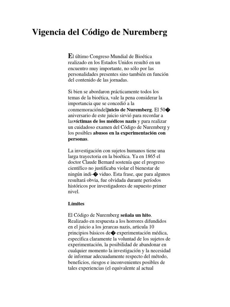 Vigencia Del Código de Nuremberg | PDF | Ensayo clínico | Mujer