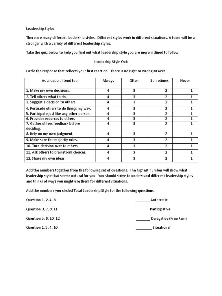 Discover Your Leadership Style Quiz | PDF | Leadership | Decision Making