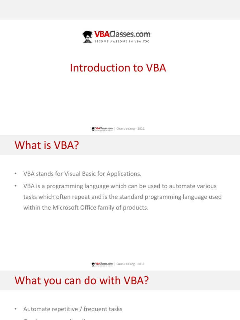 Introduction To VBA | PDF | Visual Basic For Applications | Subroutine