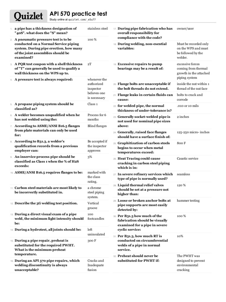 API 570 practice test questions | PDF | Pipe (Fluid Conveyance) | Welding