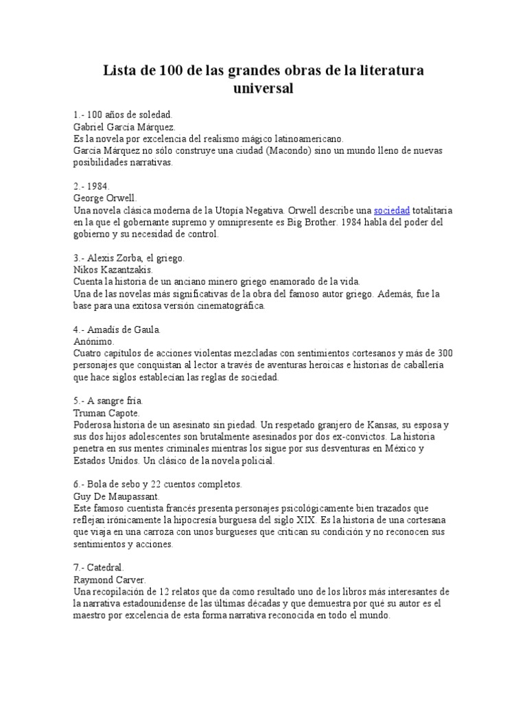 Lista de 100 de Las Grandes Obras de La Literatura Universal | PDF ...