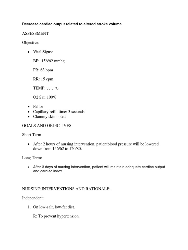Decrease Cardiac Output Related To Altered Stroke Volume | PDF ...