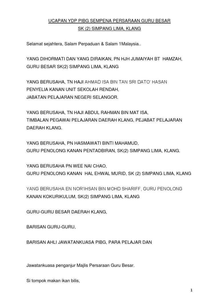 Ucapan Ydp Pibg Sempena Persaraan Guru Besar | PDF