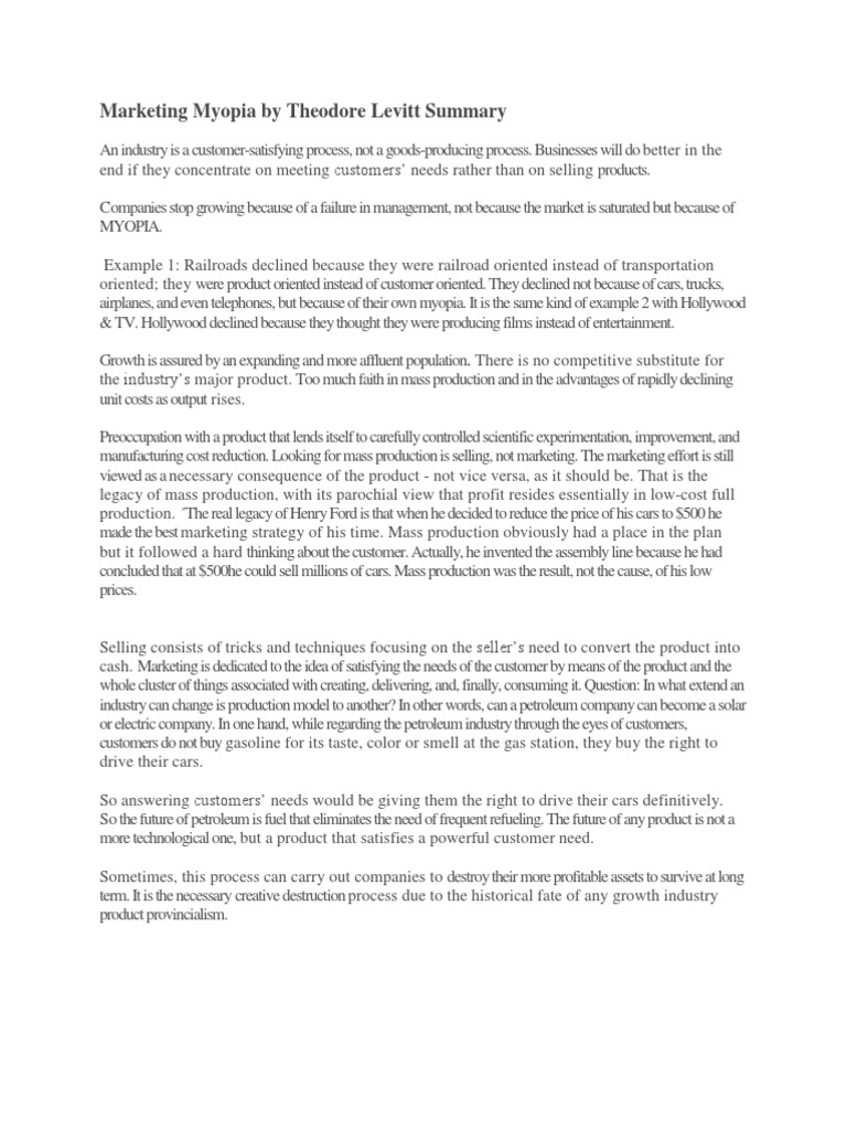Marketing Myopia by Theodore Levitt Summary | PDF | Mass Production ...