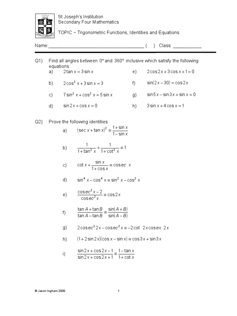 08 - Trigonometric Functions, Identities and Equations | PDF ...