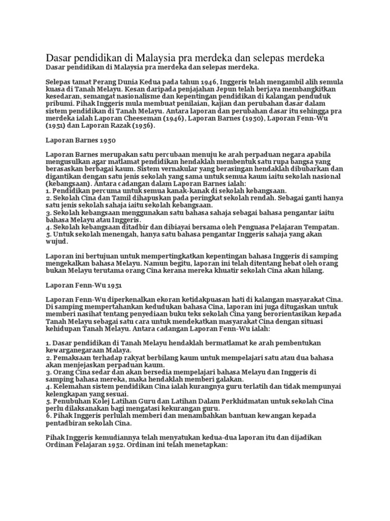 Dasar Pendidikan Di Malaysia Pra Merdeka Dan Selepas Merdeka | PDF