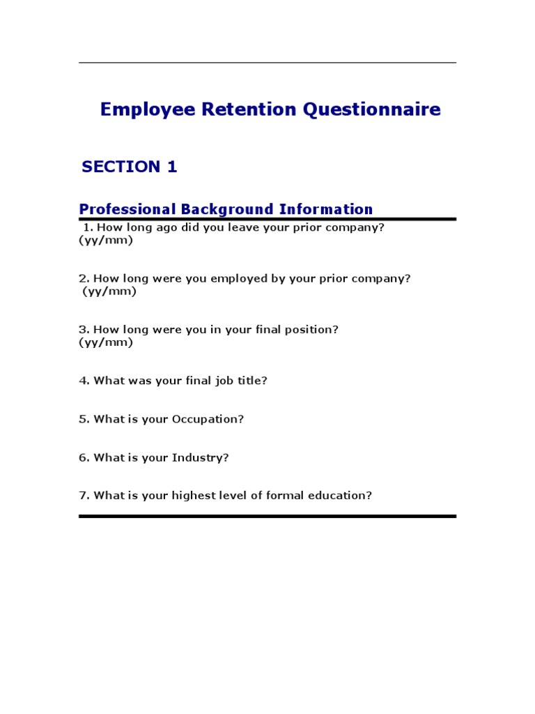 Employee Retention Questionnaire: Section 1 | PDF | Organizational ... Employee Retention Questionnaire: Section 1 | PDF | Organizational ...