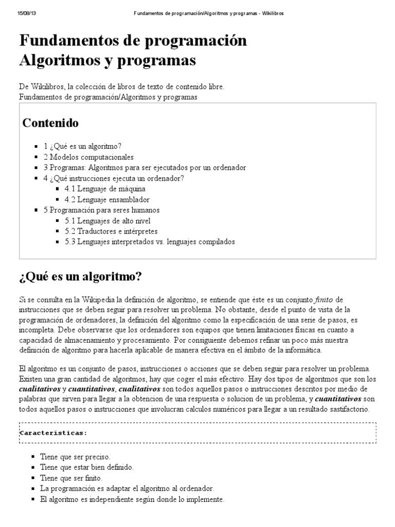 Fundamentos de Programación - Algoritmos y Programas - Wikilibros | PDF | Programación de ...
