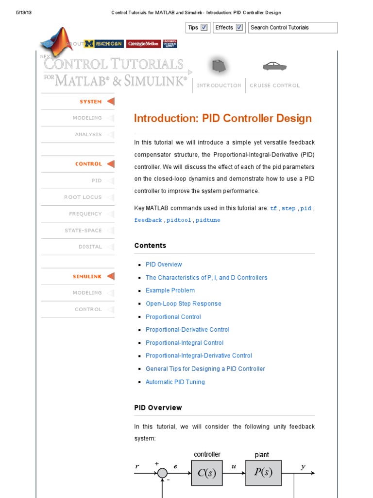 Control Tutorials For Matlab And Simulink Introduction Pid Controller Design Pdf Control