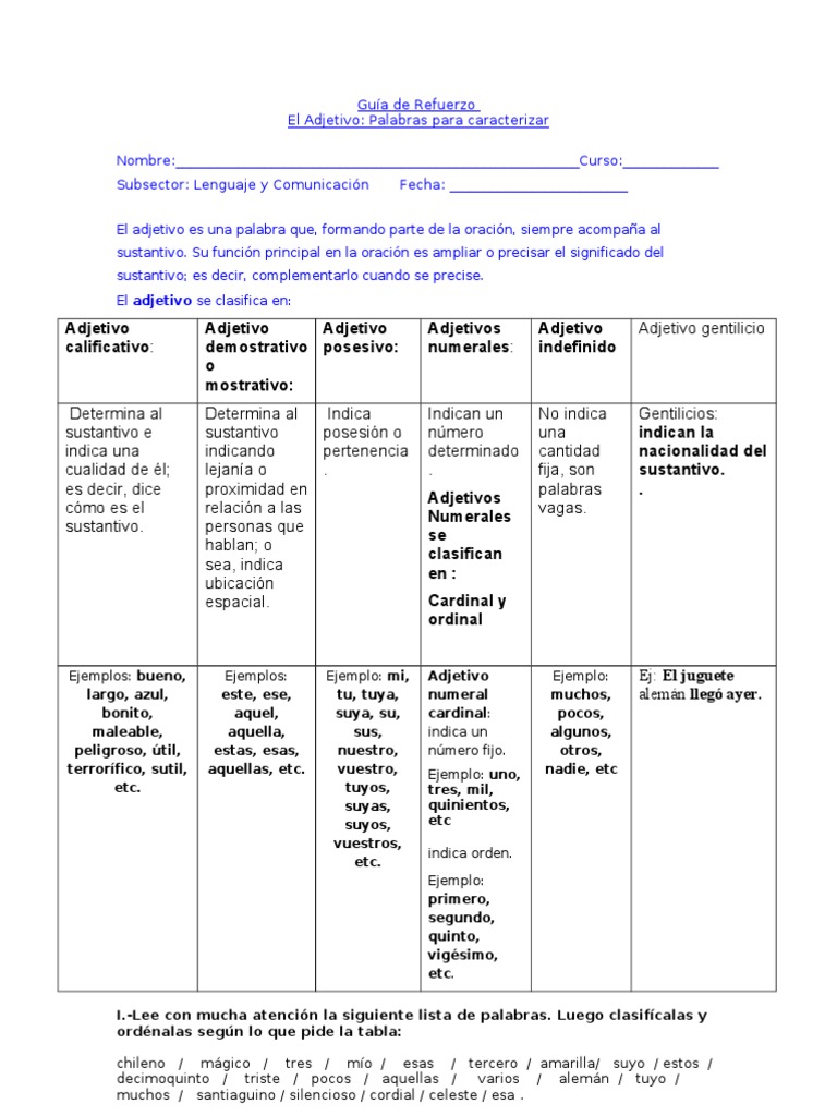 Ejercicios sobre Adjetivos y Sustantivos | PDF | Adjetivo | Predicado ...