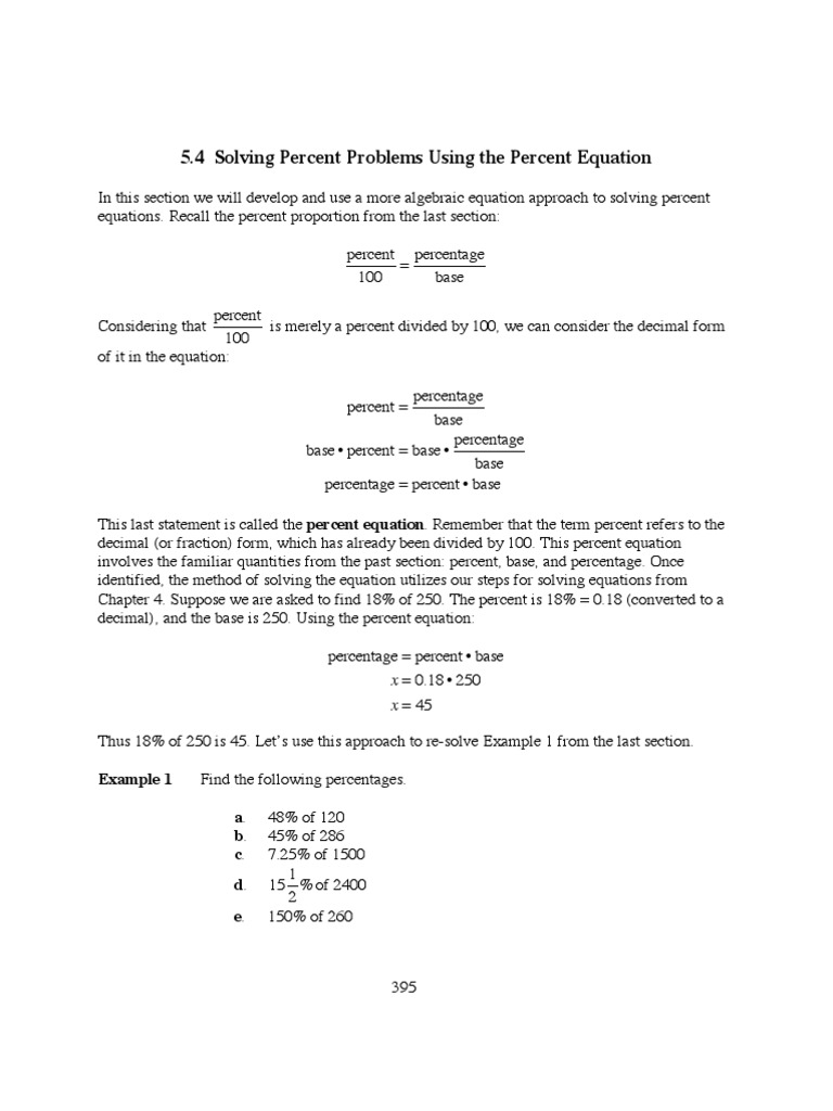 Sec 5.4 (Solving Percent Problems Using The Percent Equation) | PDF | Percentage | Equations