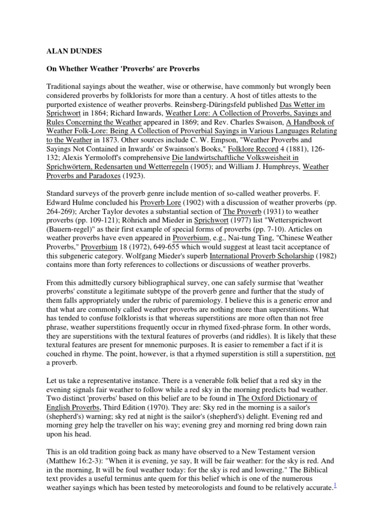ALAN DUNDES On Whether Weather 'Proverbs' Are Proverbs | PDF | Proverb ...
