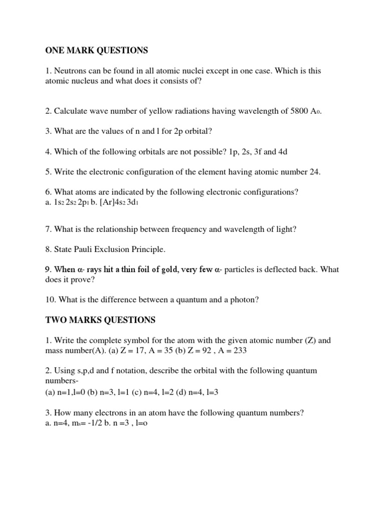 One Mark Questions | PDF | Atomic Orbital | Atoms One Mark Questions | PDF | Atomic Orbital | Atoms