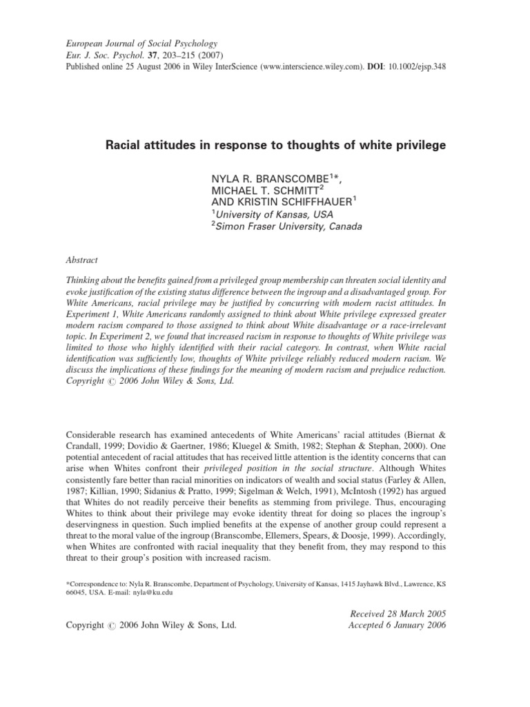 Racial Attitudes in Response To Thoughts of White Privilege | PDF ...