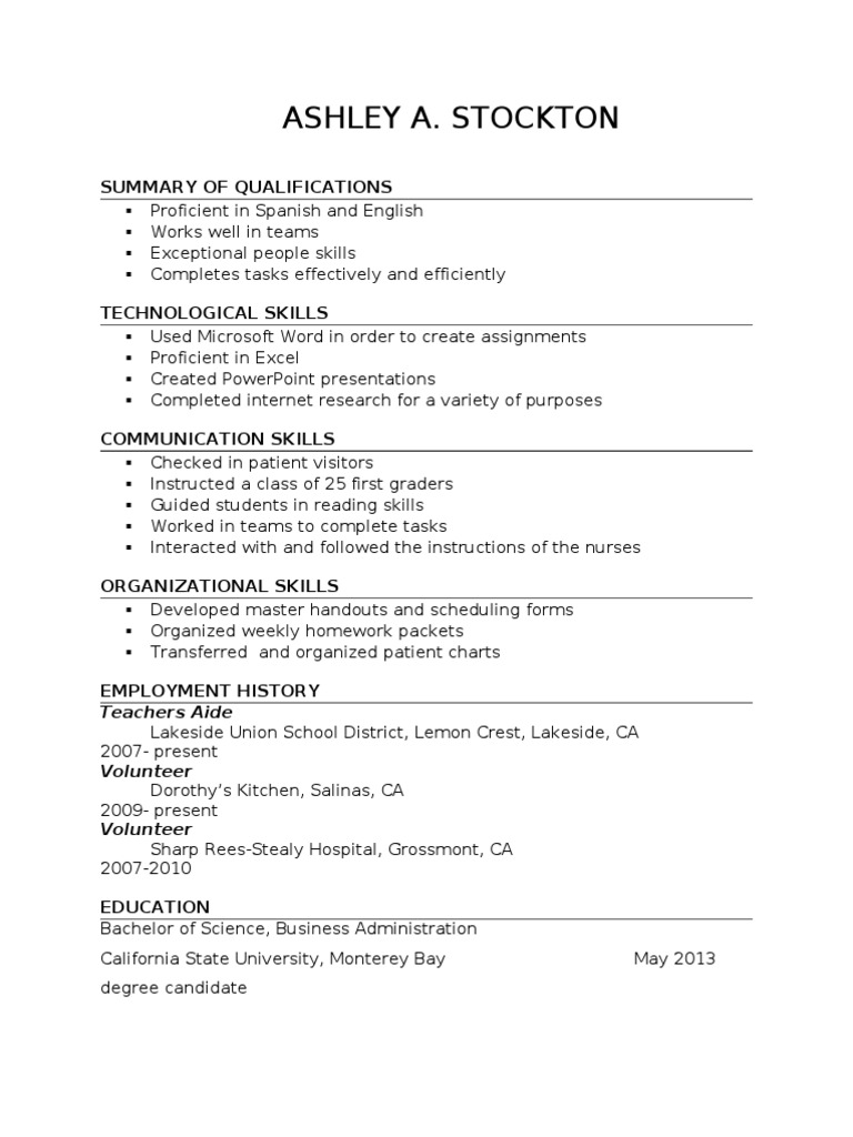 Ashley A. Stockton: Summary of Qualifications | PDF